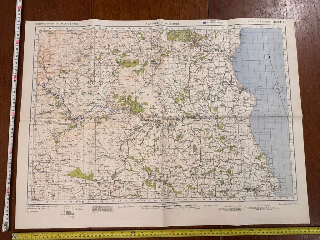 Original WW2 British Army GSGS OS Map of England - Alnwick & Rothbury ...